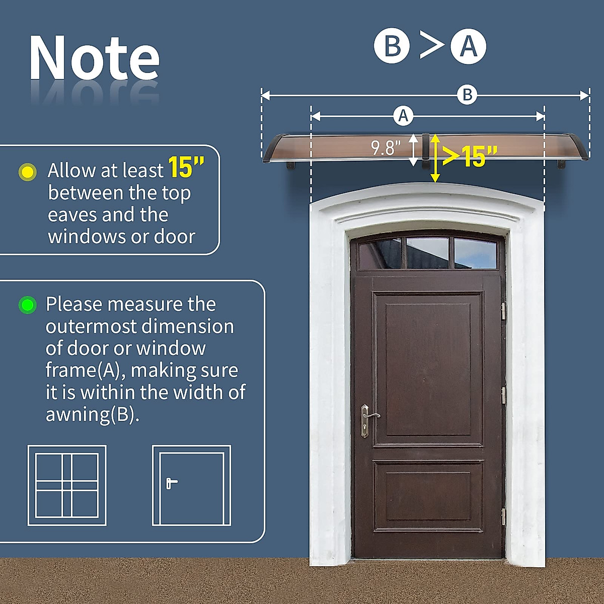Outvita Window Awning Door Canopy 77"x35.4", Polycarbonate Cover Front Door Outdoor Patio Awning Canopy UV Rain Snow Sunlight Protection Hollow Sheet, Brown Board & Black Bracket