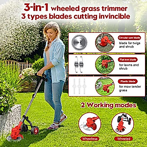 Weed Wacker Battery Powered Electric Brush Cutter 4000mAh, Battery Weed Eater Cordless Grass Trimmer, Lightweight 3 in 1 Small Push Lawn Mower Stringless Trimmer Edger Lawn Tool, 2 Batteries, 1 Wheel