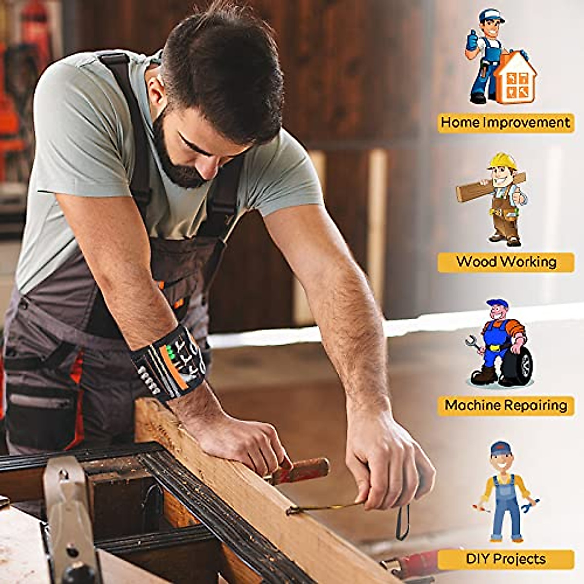 Magnetic Wristband - Cool Gadgets Gifts for Men Dad Him Boyfriend Husband - Tool Belts with 15 Strong Magnets for Holding Screws Nails Wrenches Drill Bits
