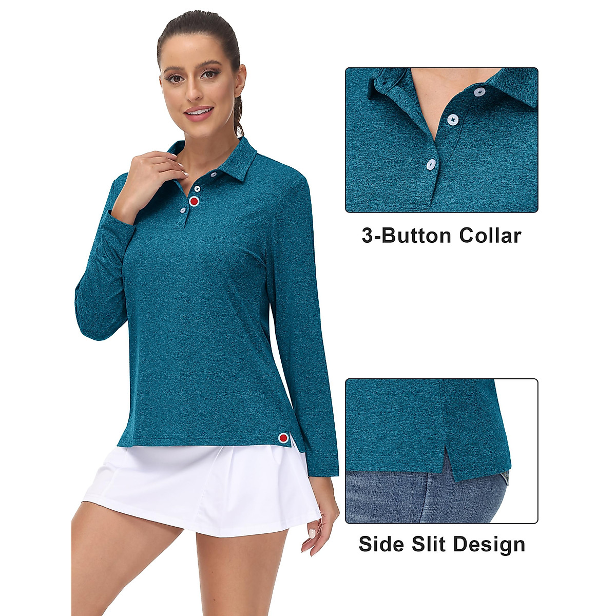 MAGCOMSEN Women Polo Shirts for Work Athleisure Cool Activewear Dry Fit Full Sleeve Tshirts SPF 50 Tops, P Blue, L