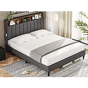 ADORNEVE Full Size Bed Frame with Outlet and USB Ports, Modern Upholstered Platform Bed with Storage Headboard & Height Adjustable, No Box Spring Needed, Dark Grey