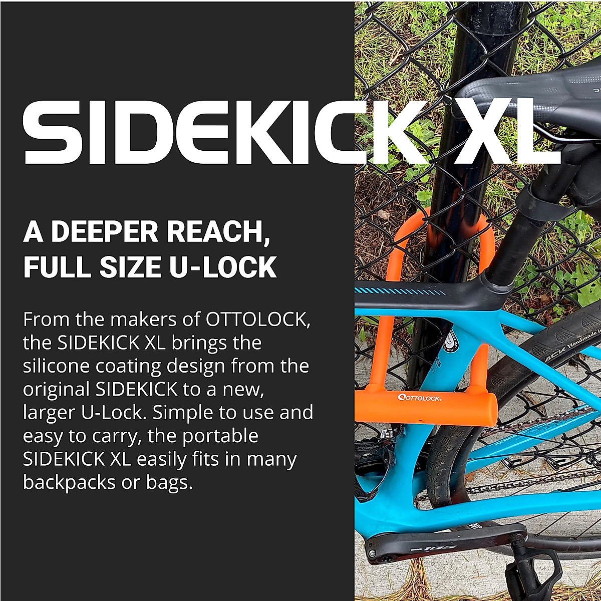 OTTOLOCK Sidekick XL Full-Size U-Lock | Lightweight Silicone-Coated Bike Lock, Orange