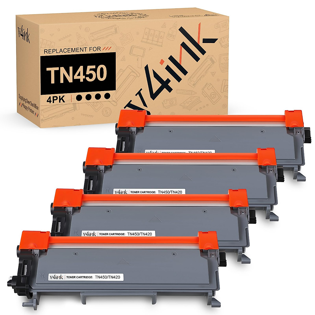 v4ink Compatible Replacement for Brother TN450 TN420 Black Toner Cartridge High Yield to use for HL-2240d HL-2270dw HL-2280dw MFC-7360n MFC-7860dw IntelliFax 2840 2940 4-Packs