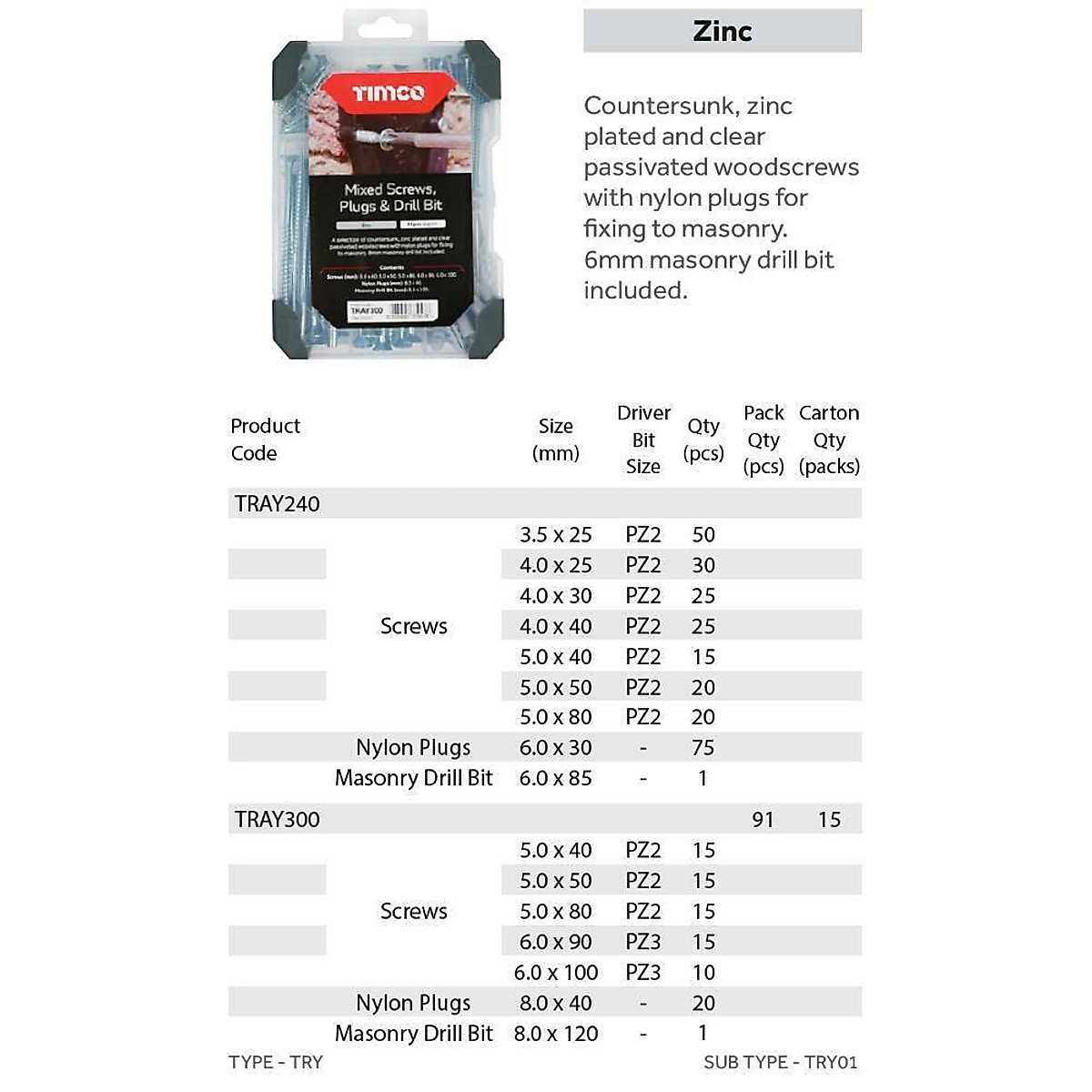 TIMCO TRAY240 Screws, Plug & Drill Bit Silver Tray-261pcs Mixed Tray