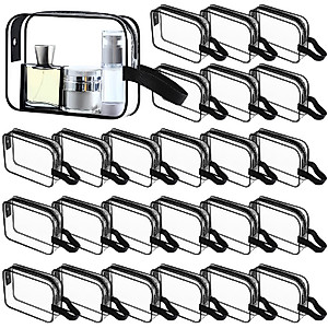 Silkfly 24 Pcs Clear Toiletry Bag PVC Travel Cosmetic Bag with Handle Strap Makeup Bag Vacation Valentine Salon Gift(Black)
