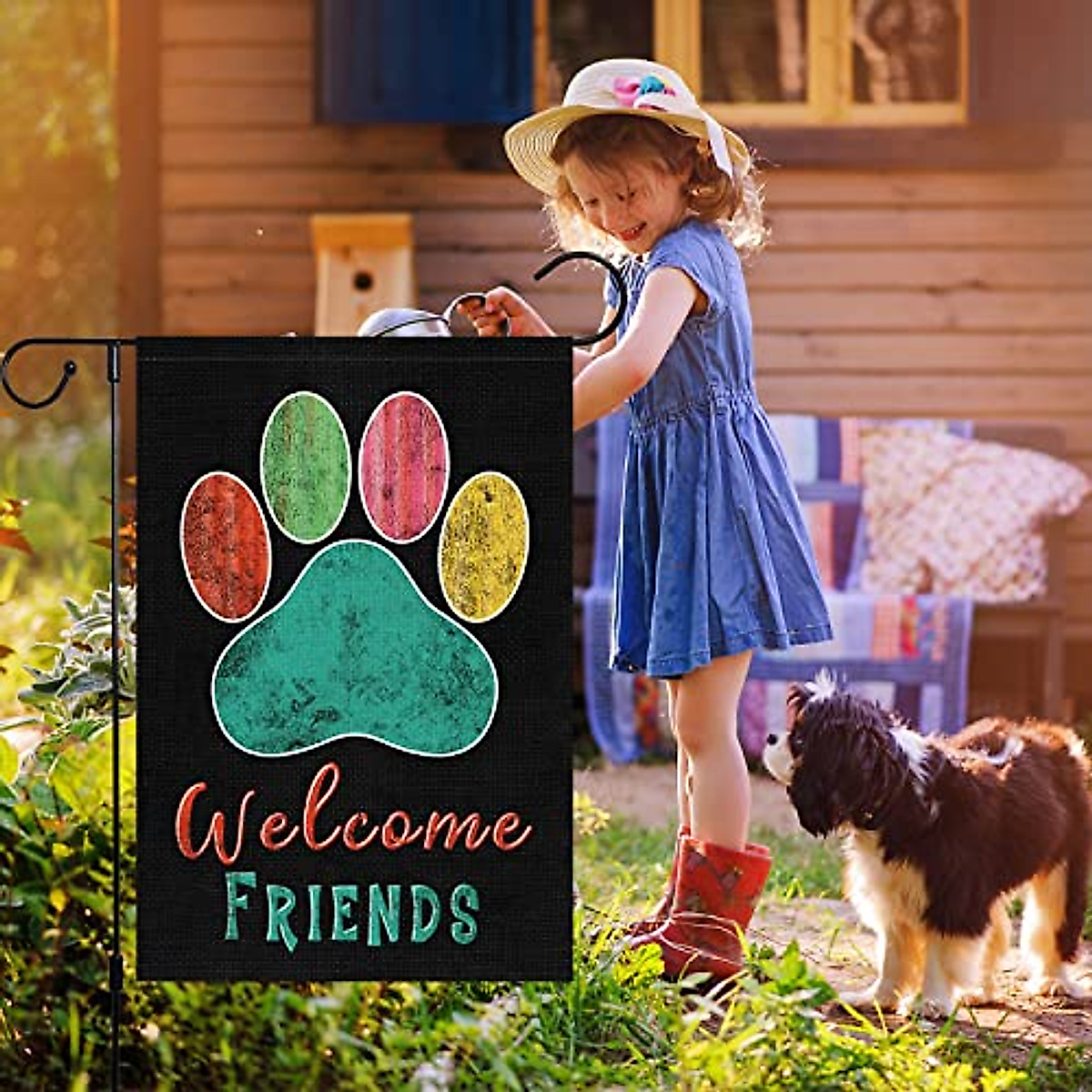 Welcome Dog Paws Garden Flag 12x18 Double Sided, Small Burlap Dog Garden Yard Flags Welcome Friends for House Outside Outdoor Holiday Decor (ONLY FLAG)