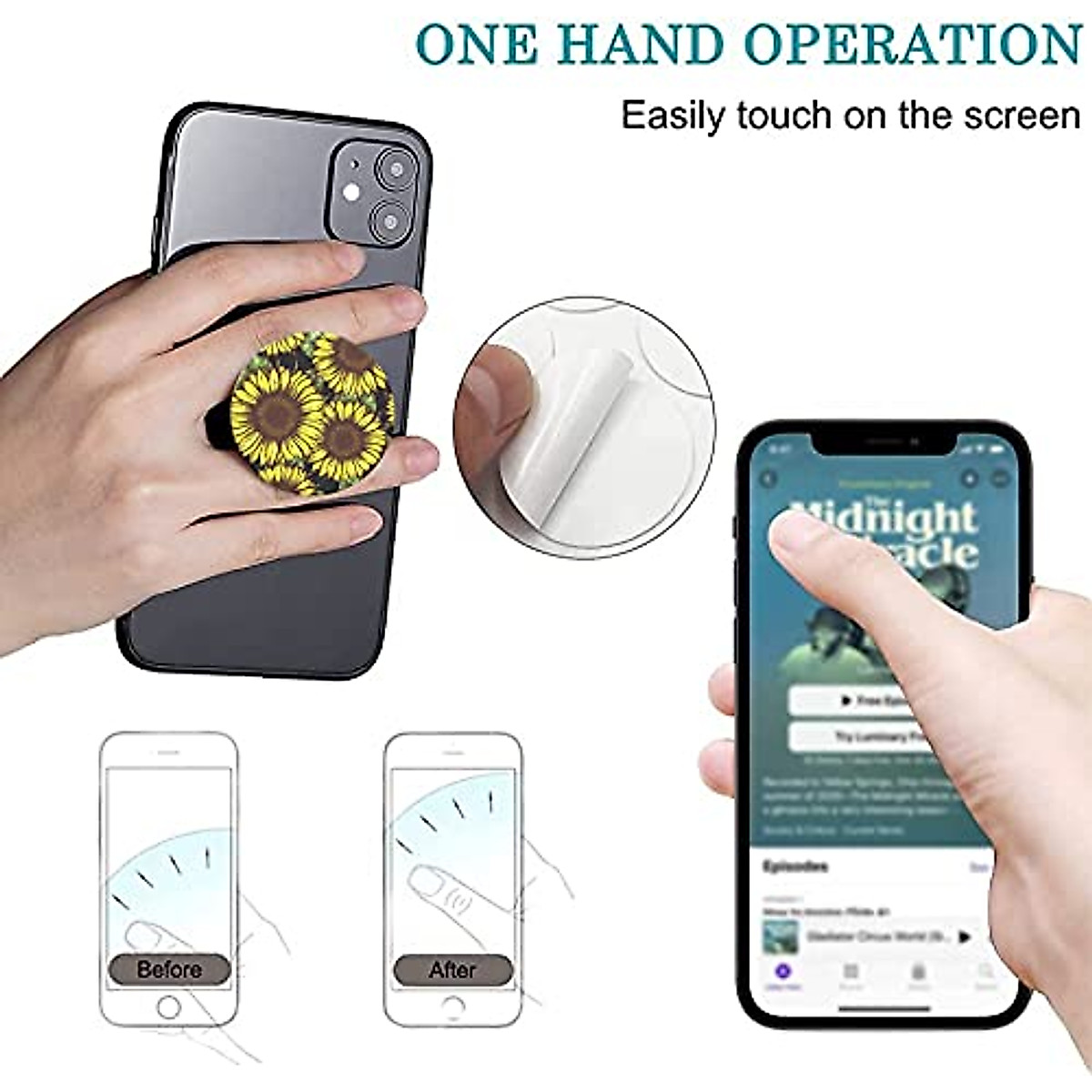 IYAYUHE Multi-Function Cell Phone Stand, Sunflower Modern Grey Florals White Daisy Expanding Stand Grip for Smartphones and Tablets (4 Pack)