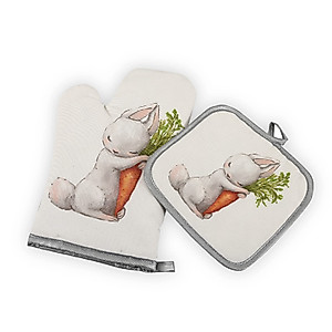 Kitchen Oven Mitts and Pot Holders Sets,Spring Cute Bunny Rabbit Print Oven Gloves and Potholders,Heat-Resistant Oven Gloves and Hot Pads for Cooking,Baking Grilling Spring/Summer.Gift Present