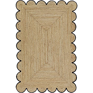 KALVEERA Jute Area Rug for Home and Living Room Décor Rectangular Scalloped Vintage Jute Area Rug Carpet Black 4' x 6'