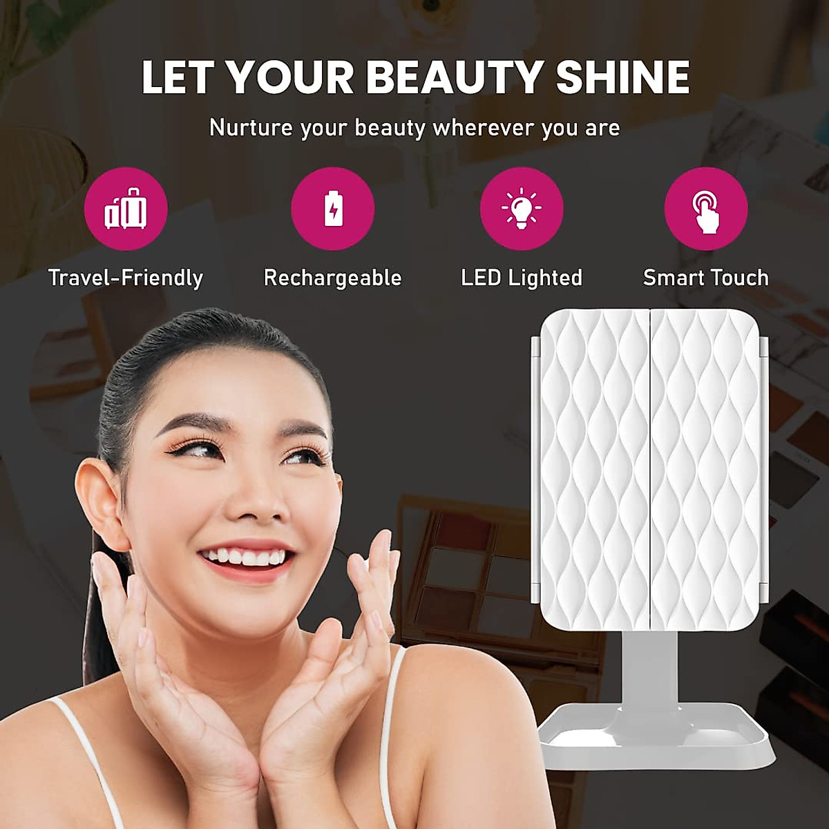 LOVE YOU Studio Makeup Mirror with LED Lights for Makeup Desk - Lighted Makeup Mirror with Magnification - Tri-Fold Personal Light Mirror with Stand