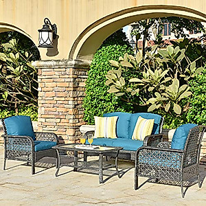 ovios Patio Wicker Outdoor Furniture Sets, Outdoor Patio Furniture Sets, All Weather Patio Furniture, Rattan Wicker Conversation Set with Cushions and Coffee Table (Gray Wicker + Blue Cushion)