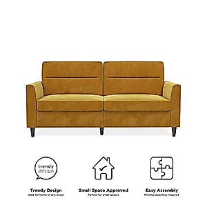 Novogratz Concord Sofa, Small Space Living Room 3 Seater, Pocket Coil Cushions, Mustard Yellow Velvet