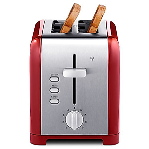Koolatron Kenmore 2-Slice Toaster, Stainless Steel, Red and Silver, with Extra Wide Slots, Self-Adjusting Bread Guides, Defrost, Bagel and Removable Crumb Tray, Small (KKTS2SR AZ)