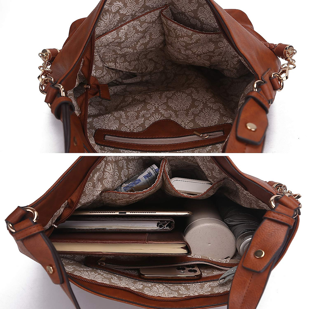 MKF Crossbody for Women - Adjustable Shoulder Strap - PU Leather Top-Handle Handbag Purse Satchel-Tote Bag Charm Brown