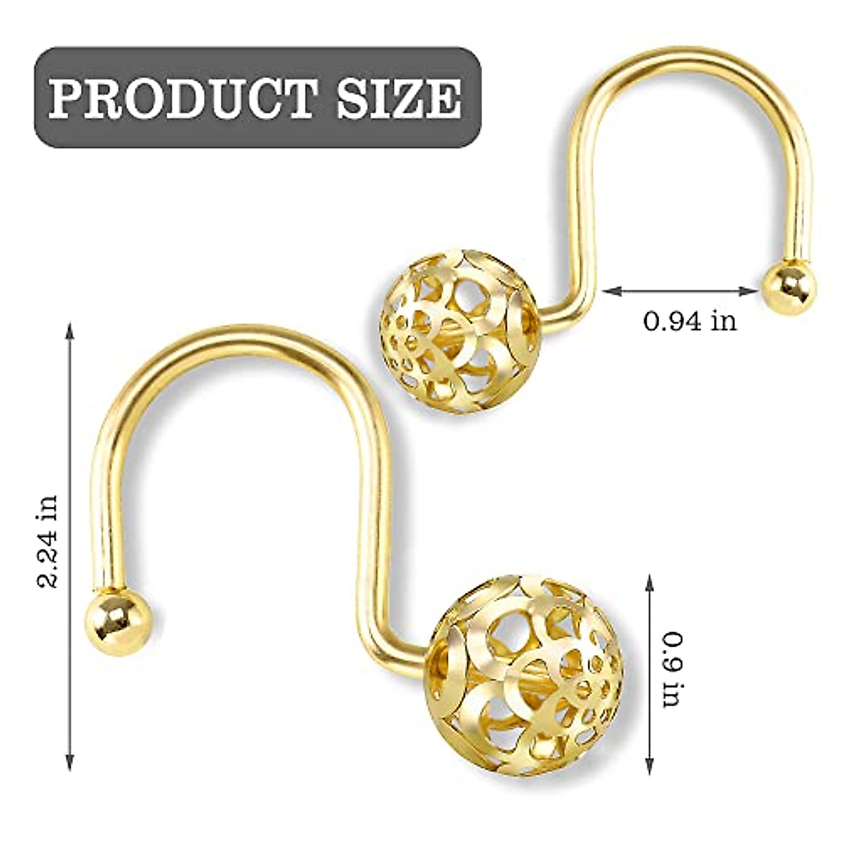 YJNSFT 12 Pcs Hollow Ball Shower Curtain Hooks, Rust Proof Chrome Rod Hooks Sets, Luxury Decorative Stainless Steel Shower Curtain Rings for Bathroom (Gold)