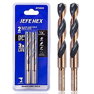JEFE HEX 1/2" Dia. 5" OAL HSS Twist Drill Bit, General Purpose, 3-Flat Shank, Black and Gold Finished, 135 Degree Split Point, Ideal for Steel/Wood/Copper/Aluminum/Zinc Alloy/Plastic. (2-Piece)
