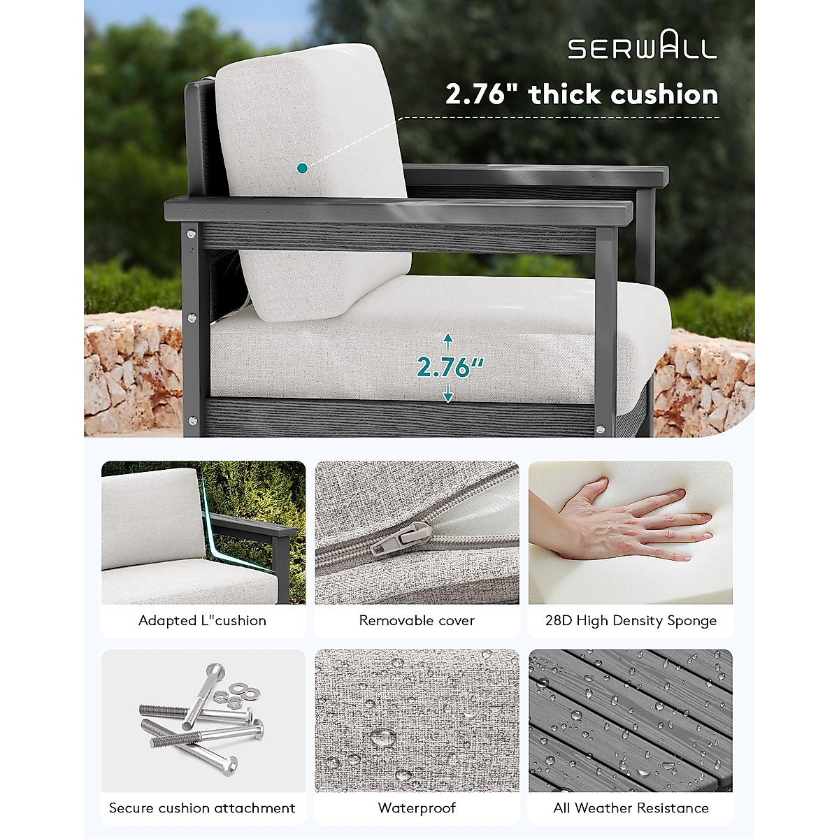 SERWALL 4 Pieces Outdoor Conversation Sofa Set with Cushions, HDPE Outdoor Couch Loveseat Furniture with Side Table All Weather Use for Patio, Balcony, Deck, Poolside, Grey Frame with Khaki Cushions