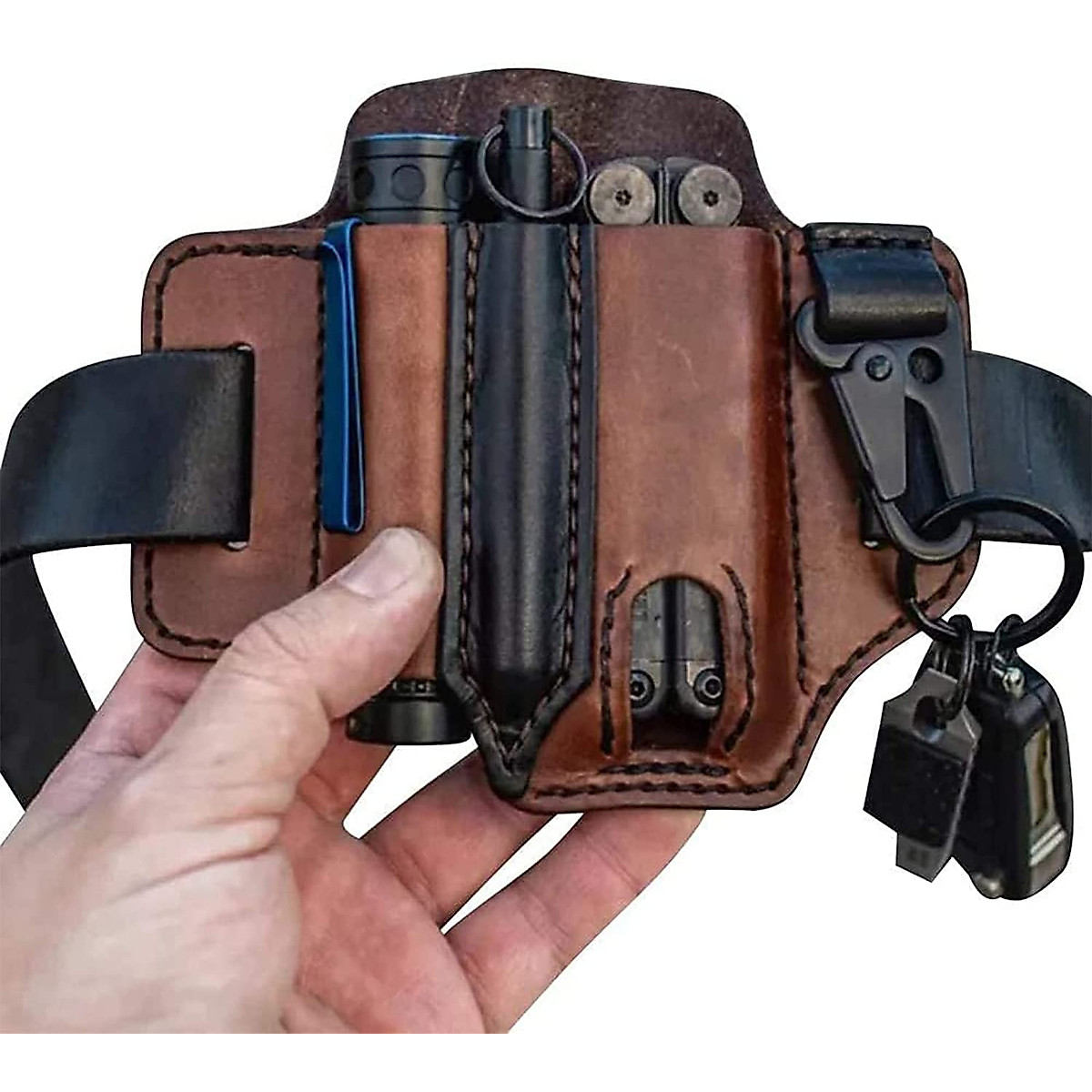 Handmade Leather Multitool Sheath, EDC Belt Pocket Organizer, Flashlight Holster, Storage Belt Waist Bag for Camping, Leatherman Sheath with Pen Holder, Key Fob (Brown)
