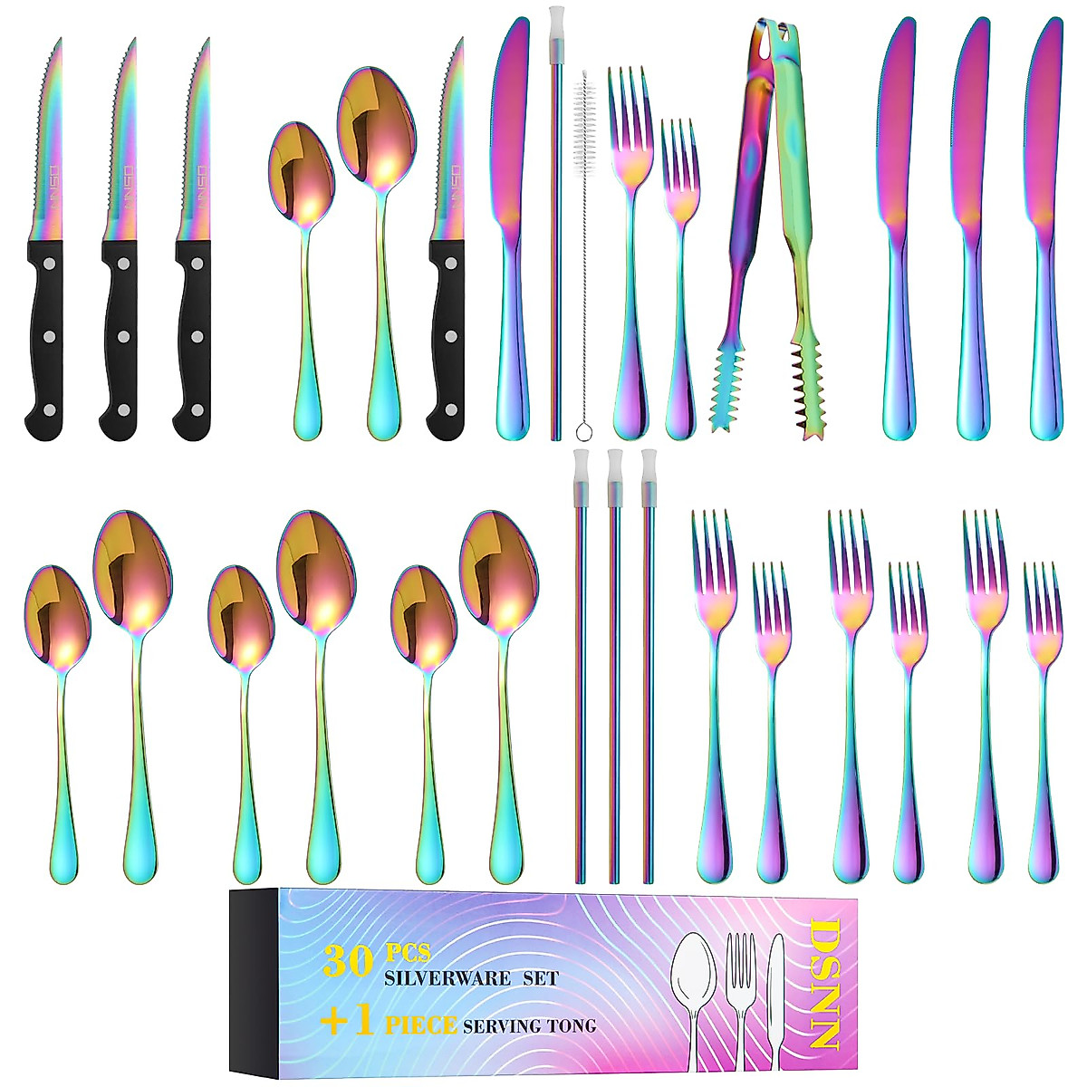 DSNN 48 Pieces Iridescent Flatware Set with Silverware Organizer, Nice Design Cutlery Service for 8, Stainless Steel Kitchen Utensil