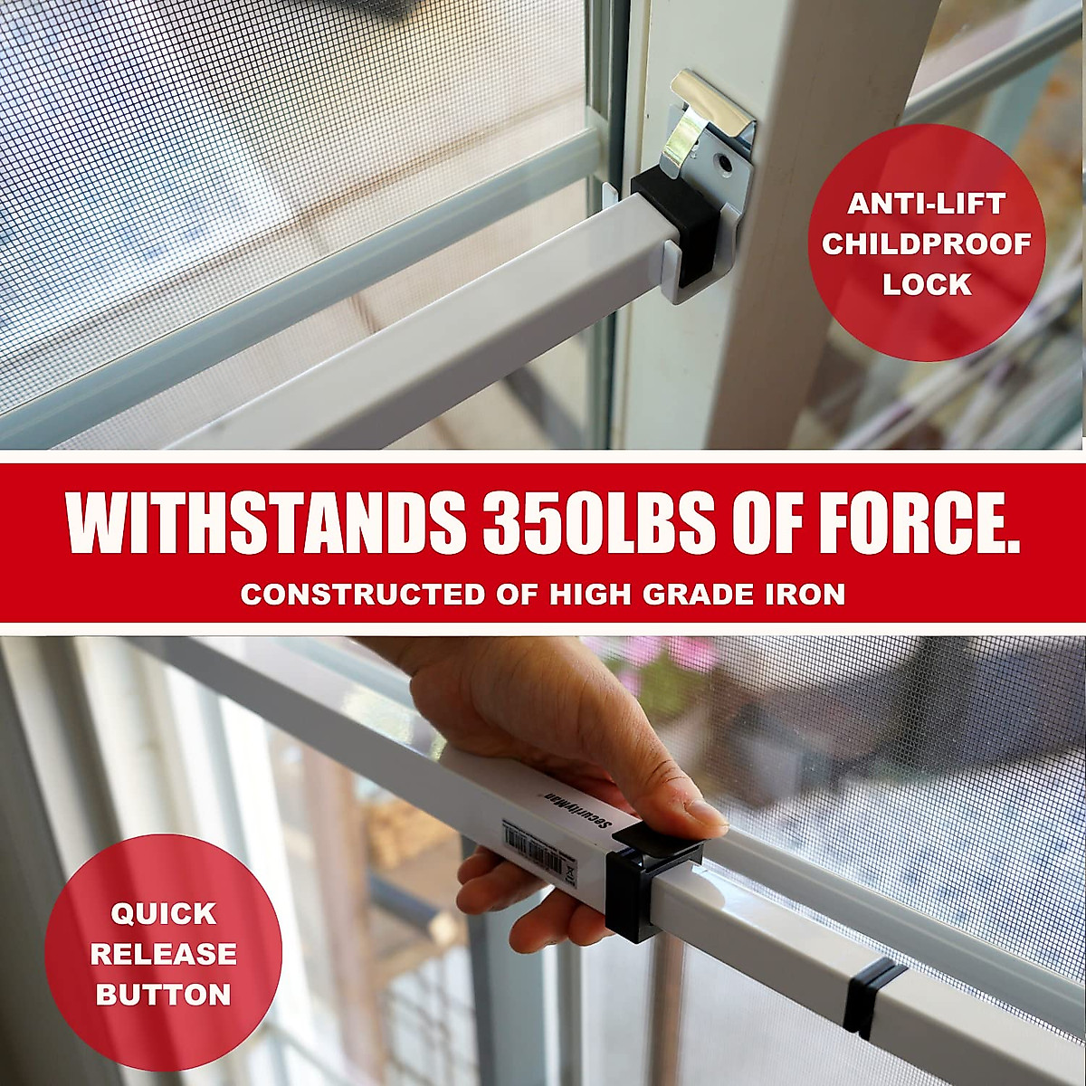 SecurityMan Sliding Door Security Bar - Dual Use as Patio Door Security Bar or Window Security Lock with Anti Lift Safety - Child Proof and Adjustable 19"-51" - Constructed of High Grade Iron - White