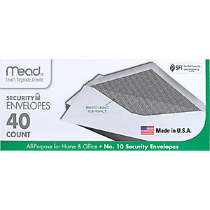 Mead #10 Envelopes, Security Printed Lining for Privacy, Gummed Closure, All-Purpose 20-Ib Paper, 4-1/8" x 9-1/2", White, 40/Box (75214)