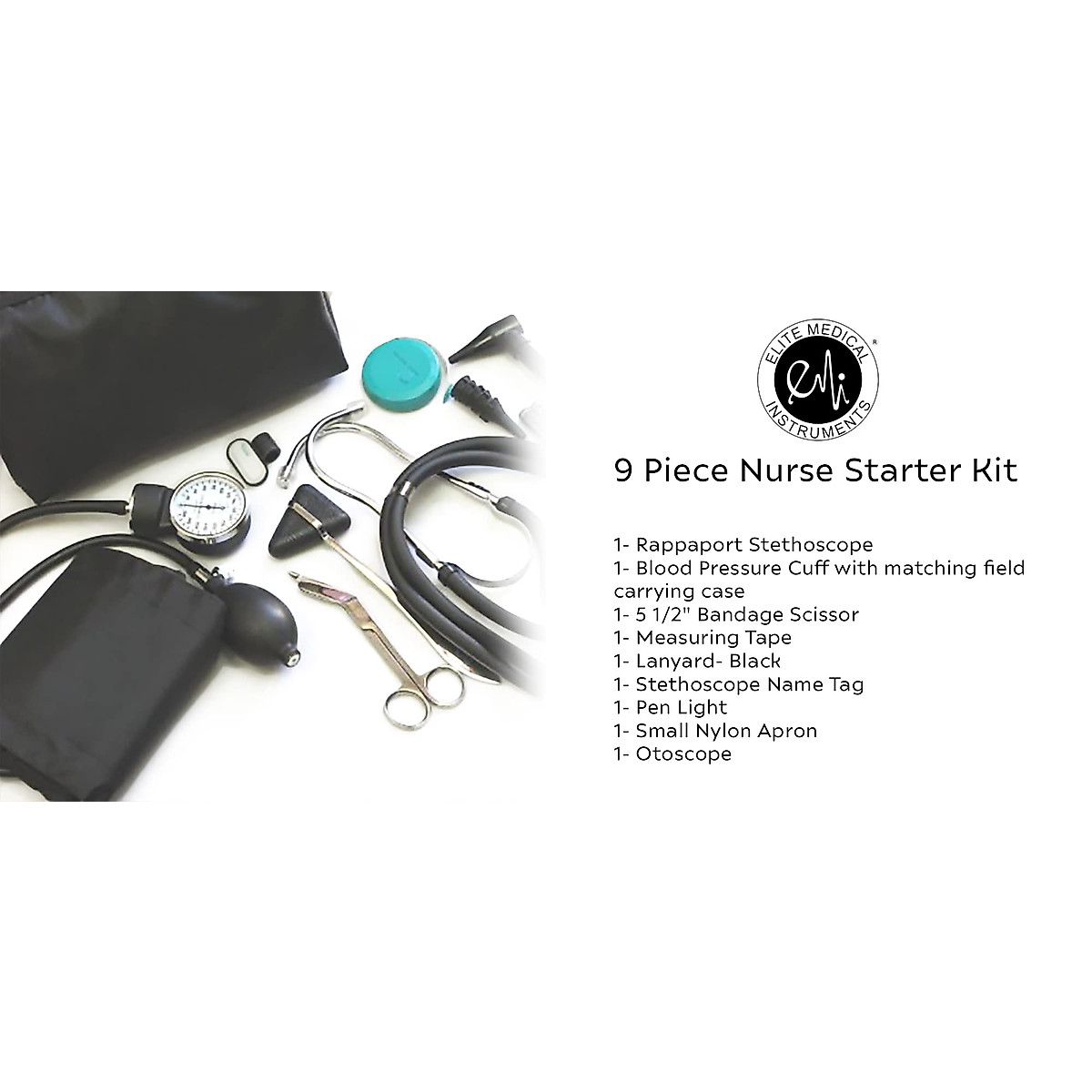 EMI Nursing Essentials Starter Kit Stethoscope Blood Pressure Monitor and More - 9 Pieces Total
