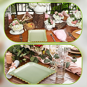 Uiifan 50 Pack Plates Sage Green Disposable Plates Sage Green Paper Plates for Party Dessert Plates Bulk Gold Border Disposable Paper Plates Set for Wedding Engagement Bridal Shower (9inch)