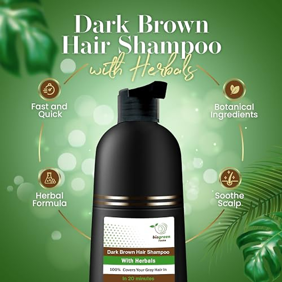 BIOGREEN ROOTS Ammonia-Free Herbal Hair Shampoo - Effectively Covers Gray Hair for Men and Women - Natural Color and Herbal Nourishment - No Stain on Skin - Dark Brown (200 ml)