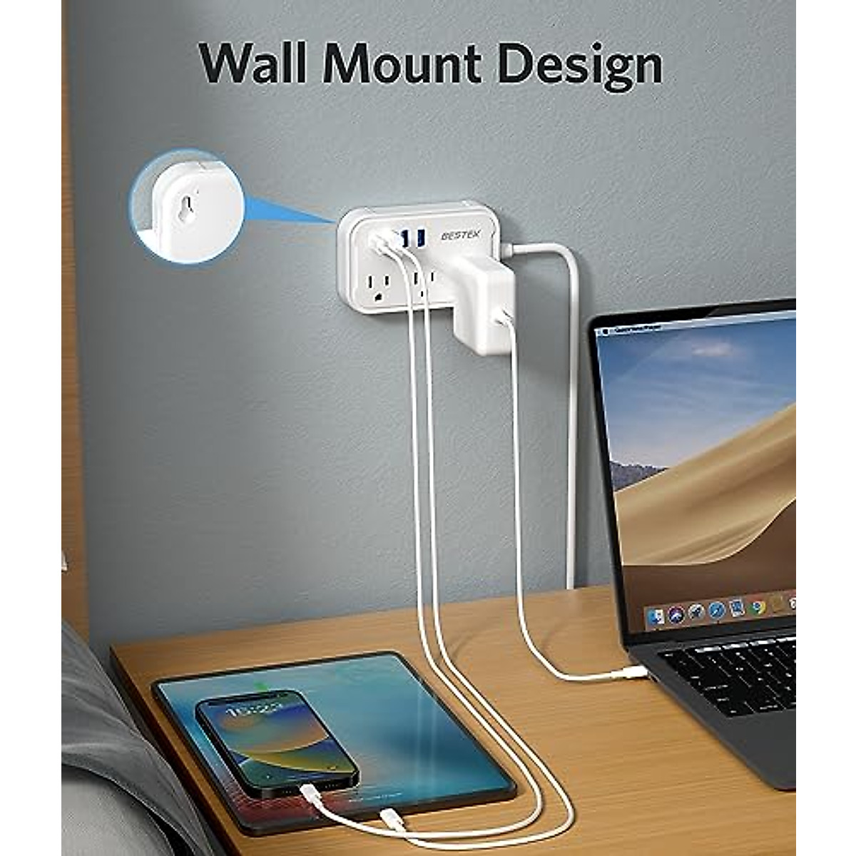 BESTEK Travel Power Strip, Cruise Ship Essentitals with USB C,Flat Plug Extension Cord with 3 Outlets 4 USB Ports(1 PD20W),5 ft Desk Wall Outlets Extender,Non Surge Protector for Cruise