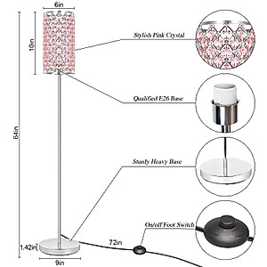 Crystal Floor Lamp for Bedroom, Silver Floor Lamp with Pink Shade, Girls Floor Lamp with On/Off Foot Switch, Elegant Standing Light Tall Pole Lamp for Living Room, Dresser, Office (E26 Base)