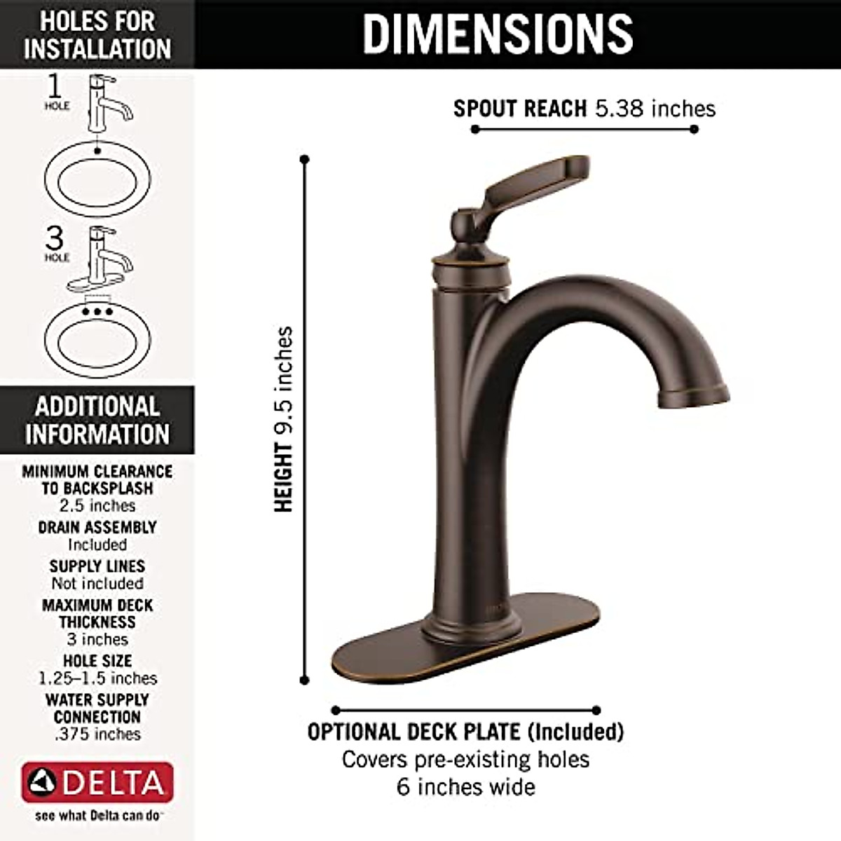 Delta Faucet Woodhurst Oil Rubbed Bronze Bathroom Faucet, Single Hole Bathroom Faucet, Single Handle Bathroom Sink Faucet, Diamond Seal Technology, Drain Assembly, Venetian Bronze 532-RBMPU-DST