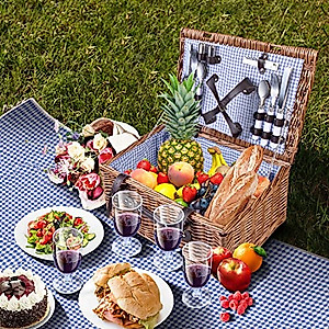 Flexzion Picnic Basket for 4 Person, Rectangular Wicker Picnic Basket Set, Insulated Picnic Case with Waterproof Lining and Blanket, Napkins, Cutlery Set, Wine Glasses, Bottle Opener and Plates