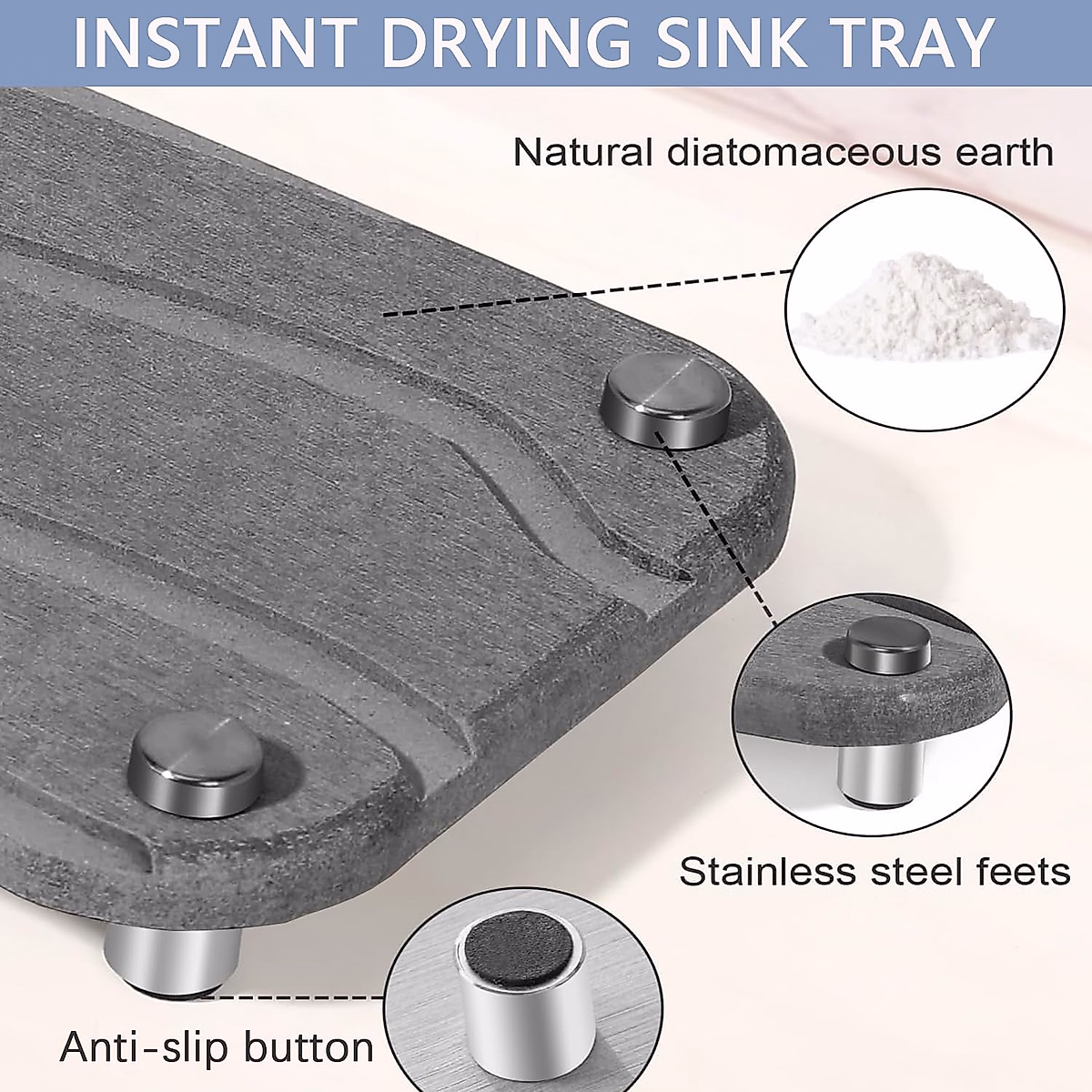 OceanTeda Fast Drying Stone Sink Caddy, Dark Grey, Square, Diatomite, 11 x 4 x 1 in