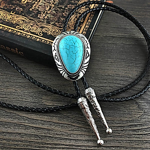 QUKE Native Western Blue Natural Turquoise Stone Bolo Tie Handmade Genunie Leather For Men Women