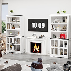 LUMIINOFAMI Bookshelf with Cabinet, 68.9'' Book Shelf with Door 5 Tier Farmhouse Bookshelf with Glass Window, Wood Bookcase Bookshelves Kitchen Pantry for Living Room Home Office Kitchen (White)