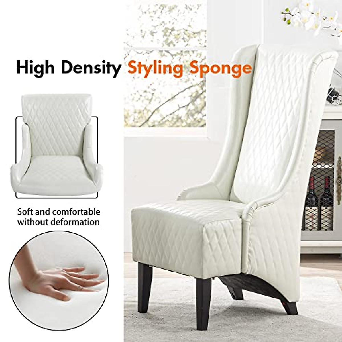 ME2 22" W Luxury Leather Chair for Dining Room High Back Accent Chair for Living Room, Solid Wood Frame Side Chair with Wood Legs Dining Chair for Restaurant/Dining Room, White