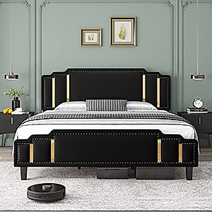 HIFIT Queen Size Modern Velvet Upholstered Bed Frame with Adjustable Headboard, Studded with Golden Iron Slice & Rivets, Platform Bed Frame with No Noise, No Box Spring Needed, Easy Assembly, Black