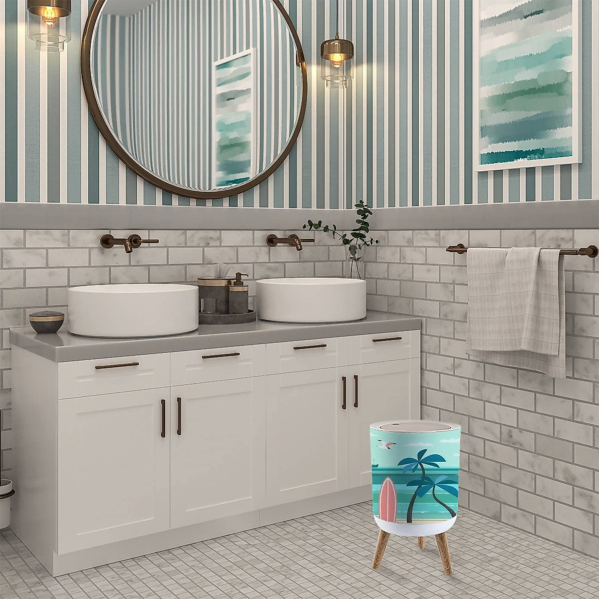 Small Trash Can with Lid Nostalgic Tropical Nature Vacation poster Vintage holiday print rest 7 Liter Garbage Can Elasticity Press Cover Lid for Kitchen Bathroom Office Fashion Paper Basket 1.8 Gallon