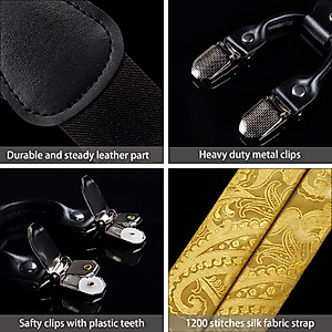 DiBanGu Gold Paisley Suspenders for Men Y-Shape Adjustable Suspenders Bowtie Pocket Square Cufflinks Clip Brace