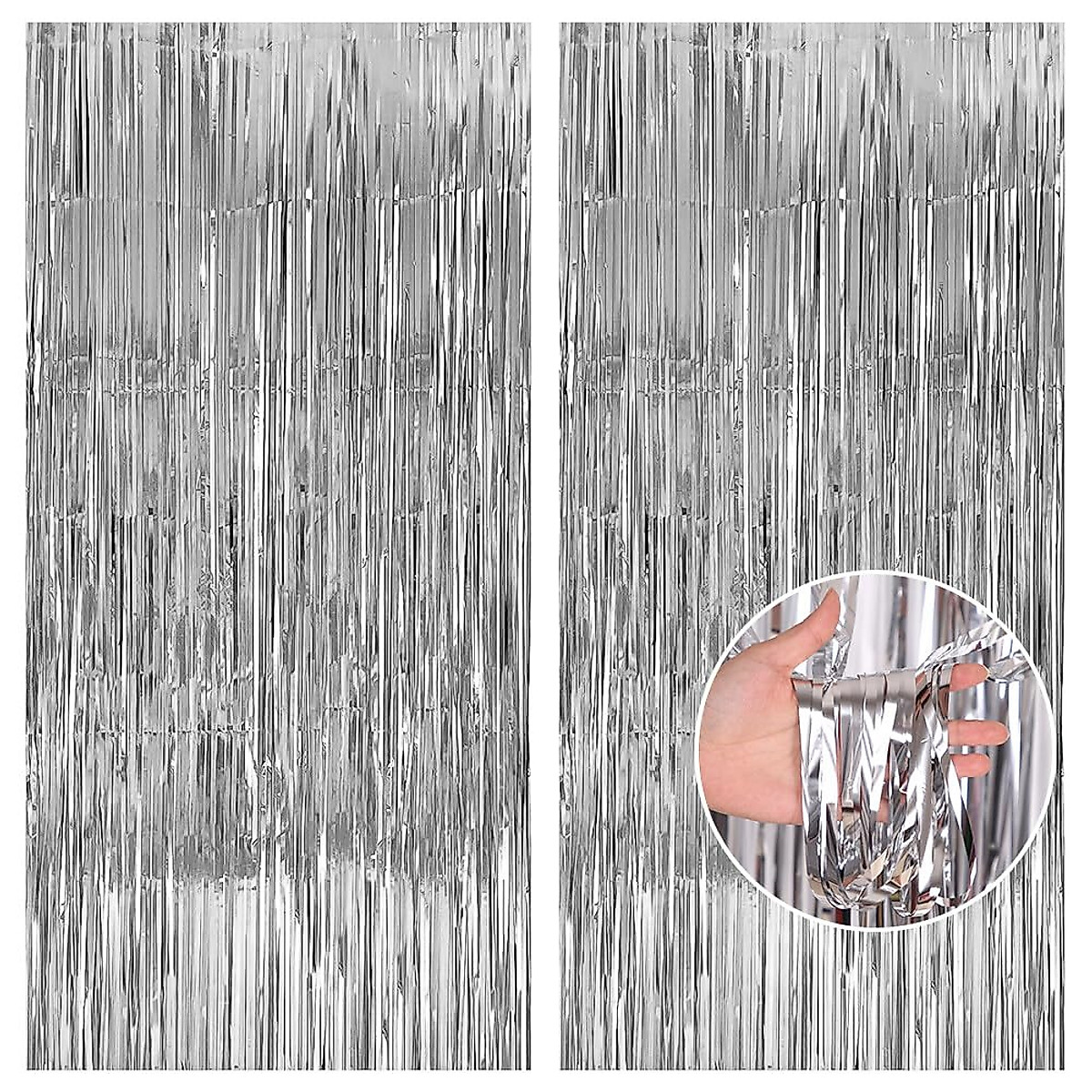 2 Pack 3.2ft x 8.2ft Foil Fringe Curtain Backdrop Metallic Tinsel Foil Fringe Curtains Party Decorations Silver Tinsel Streamer Backdrop Photo Booth Props for Birthday Graduation Baby Shower Wedding