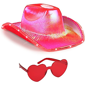 Funcredible Red Light Up Cowboy Hat and Glasses - Led Cowgirl Hat for Girls - Neon Cowboy Hat - Cowgirl Costume Accessories for Women