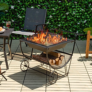 Tangkula Outdoor Fire Pit with Wheels and Firewood Log Rack, Patio Wood ...