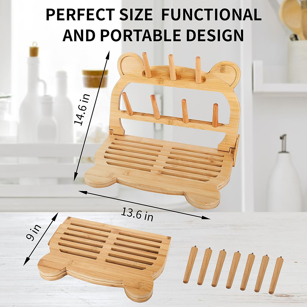 Eurppy Bamboo Baby Bottle Drying Rack, Portable Wooden Drying Rack, Space Saving Kitchen Bottle Holder Organizer for Accessories, Bottles, Cups, Pacifiers, Travel Dish Racks