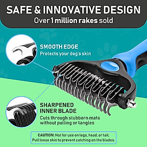 Maxpower Planet Pet Grooming Rake - Double Sided Shedding, Dematting Undercoat Rake for Dogs, Cats - Extra Wide Dog Grooming Brush, Dog Brush for Shedding, Cat Brush, Reduce Shedding by 95%, Blue