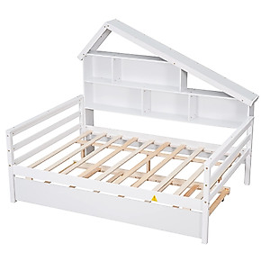 Harper & Bright Designs Full Size Daybed with Trundle and Storage Bookcase, Solid Wood Platform Bed Frame, House Bed for Kids Girls Boys, No Box Spring Needed (Full, White)