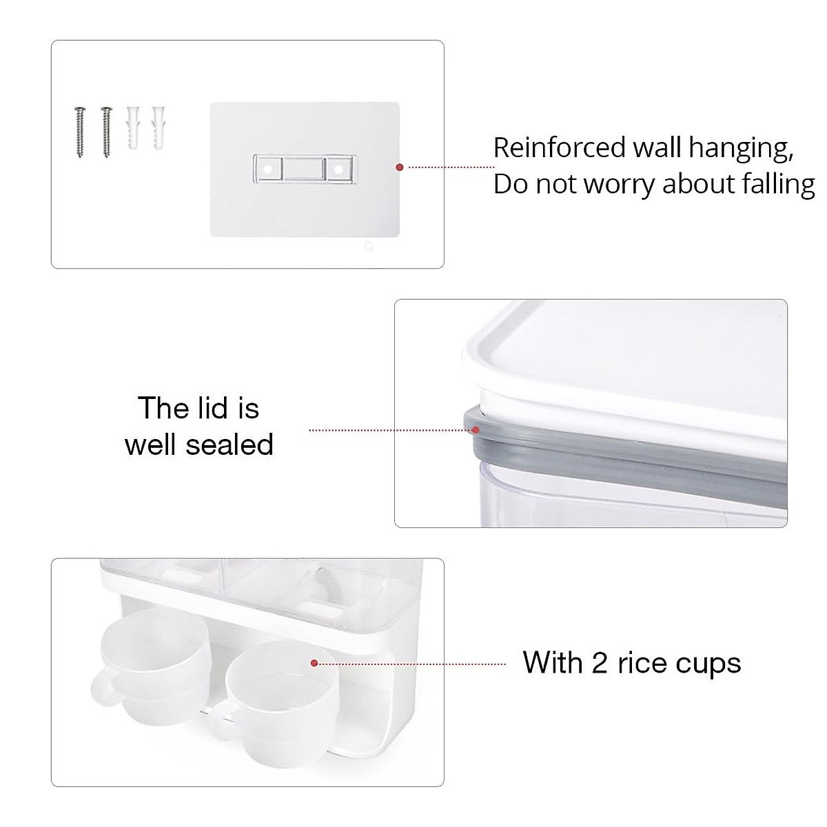 Conworld Rice Dispenser Kitchen Organization, Wall-Mounted Dry Food Storage Container with Lids and 1 cup, Laundry Detergent Dispenser.Suitable for Black Rice, Pet Food, Beans, Laundry Scent Beads