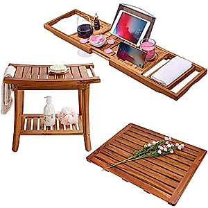 Utoplike Non Slip Teak Wood Bath Shower Mat, Teak Bathtub Caddy Tray Bath Tray, Teak Shower Bench Seat with Handles Set