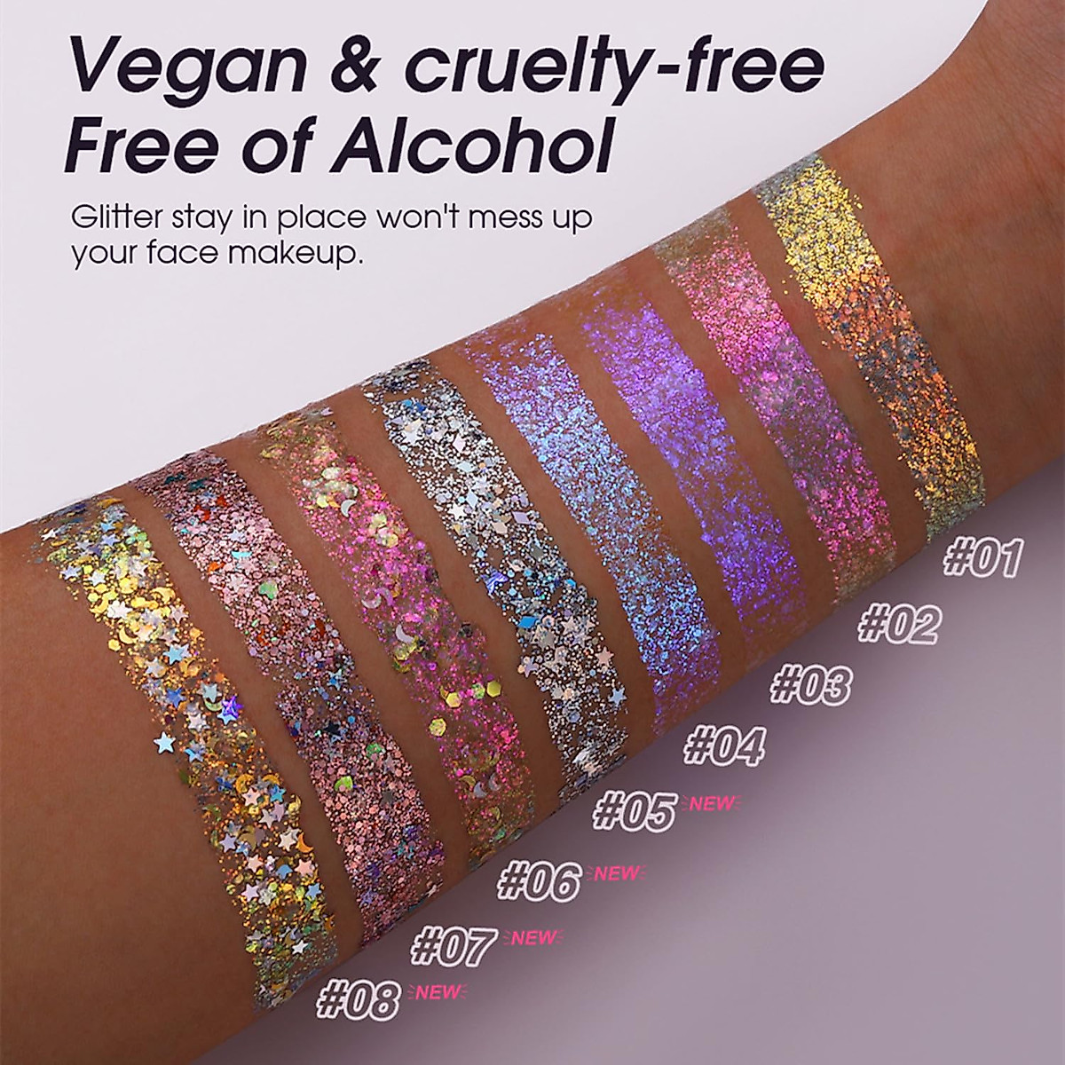 Melemando Holographic Body Glitter Gel 8 Colors Changing Ultra-fine Glitter Gel Long Lasting Waterproof Glitter Gel Makeup for Face Body Lip and Hair (Color 01)