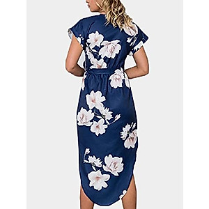 TEMOFON Women's Dresses Summer Floral Short Sleeve Midi V-Neck Casual Dress with Belt Blue Flower M