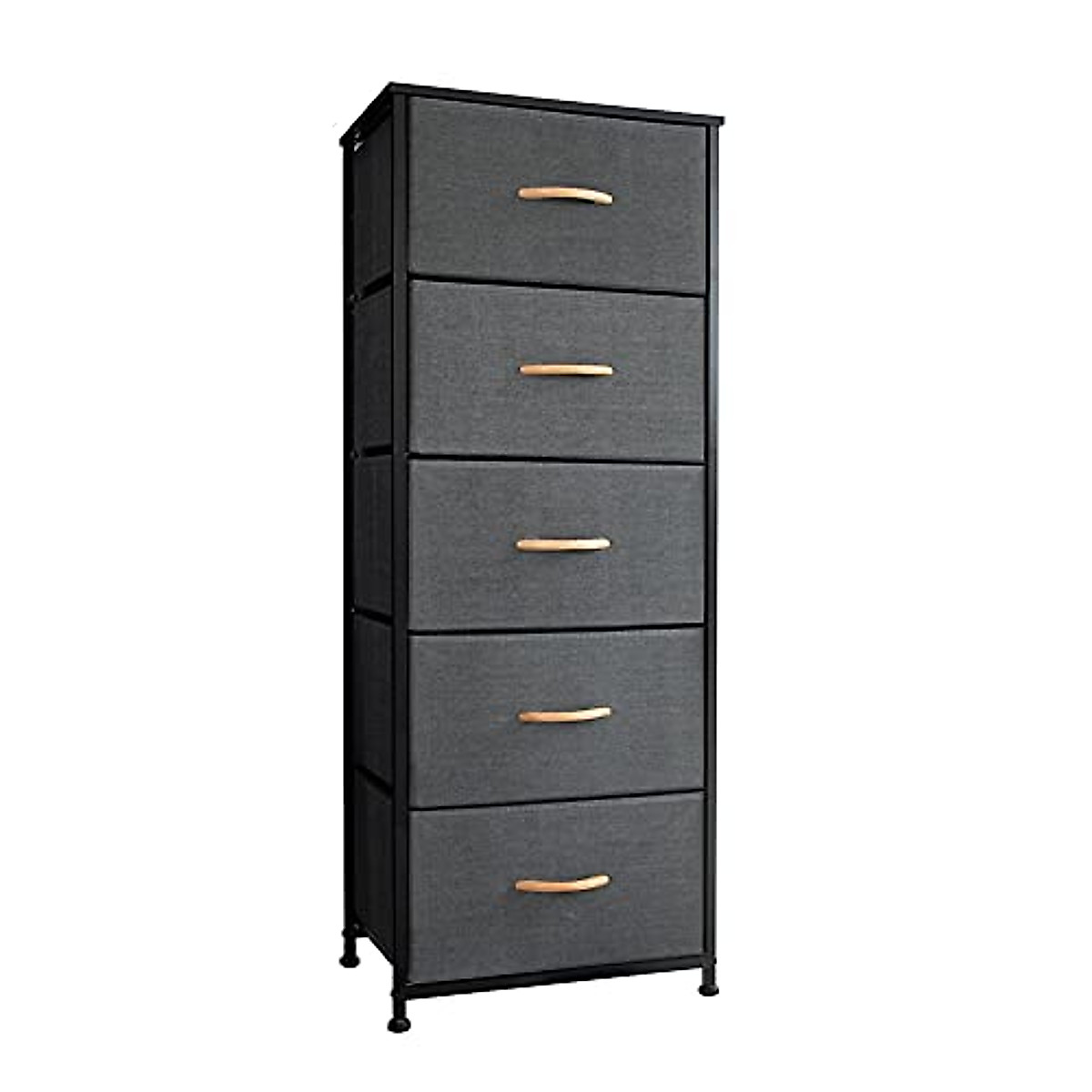 Crestlive Products Vertical Dresser Storage Tower - Sturdy Steel Frame, Wood Top, Easy Pull Fabric Bins, Wood Handles - Organizer Unit for Bedroom, Hallway, Entryway, Closets - 5 Drawers (Gray)